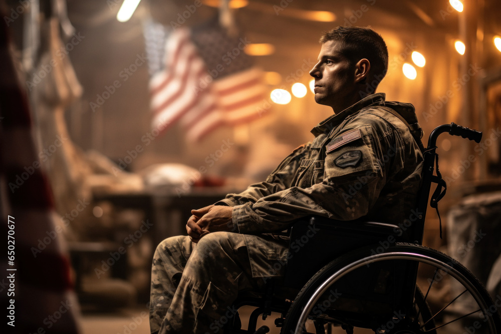 War veteran, soldier in military uniform sits on a wheelchair at home ...