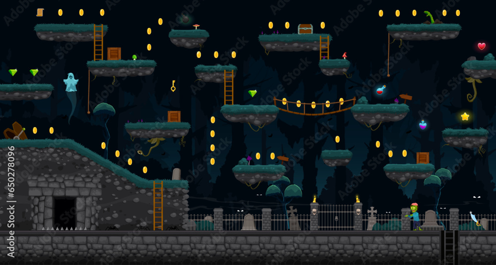 Arcade Halloween cemetery game level map interface. Platform and ghosts ...