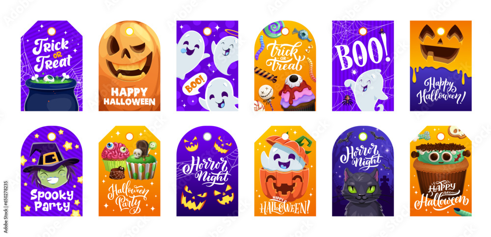Halloween holiday gift tags with pumpkins, monsters and ghosts, cartoon ...