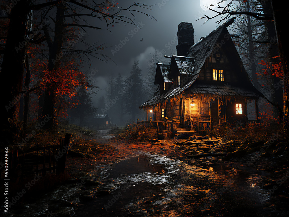 Creepy Halloween wood cabin for a haunting celebration. AI Generation ...