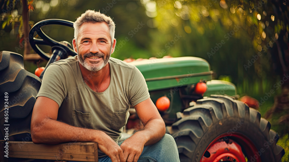 Apple orchard, portrait of a old mature farmer man smiling with clean ...