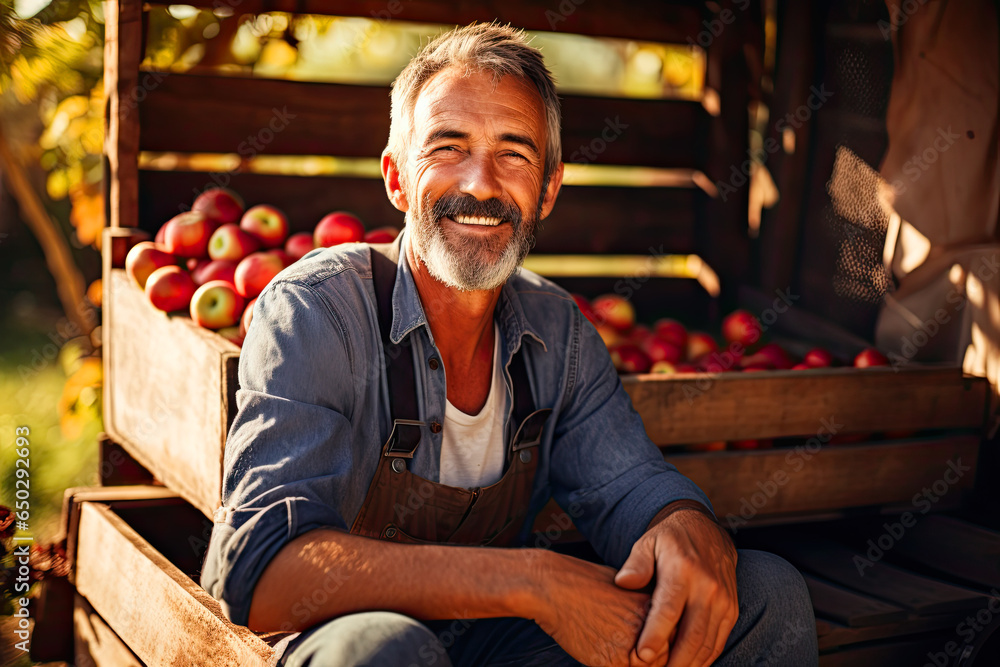 Apple orchard, portrait of a old mature farmer man smiling with clean ...