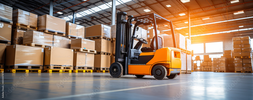 Forklift handling container box in warehouse background with empty ...