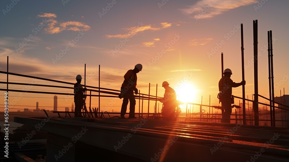 Silhouette of construction workers against a radiant sunrise ...