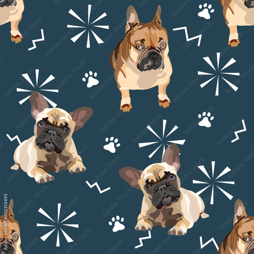 French Bulldog Breed pattern with dogs, fireworks, and paws. Holiday ...
