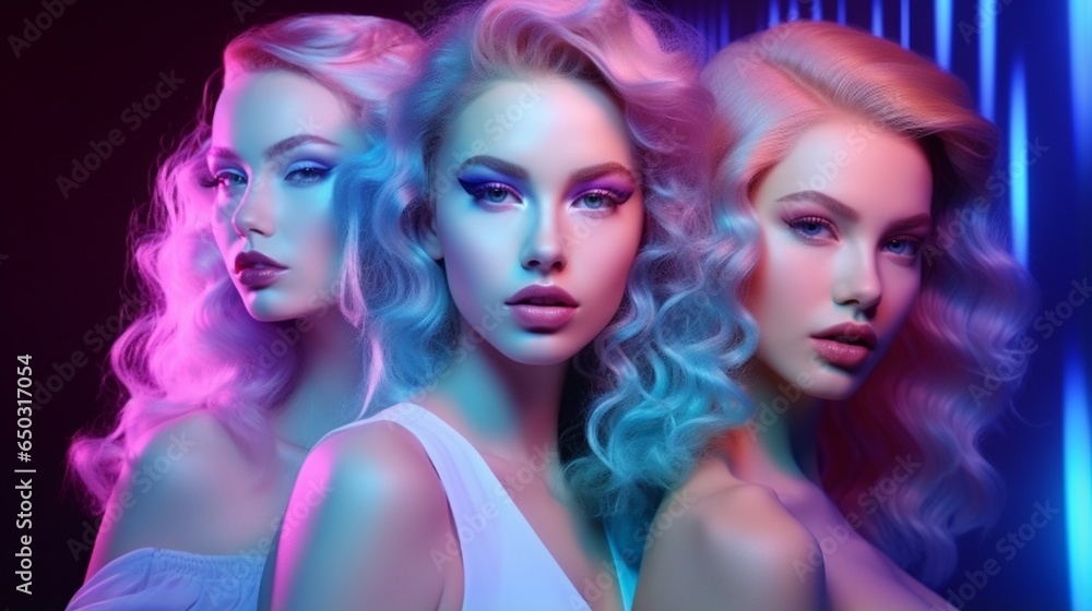 Three beautiful girls with hair coloring in blond. Stylish hairstyle ...