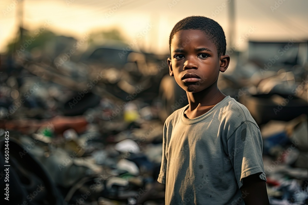 little African boy in a landfill, mountains of garbage and waste ...