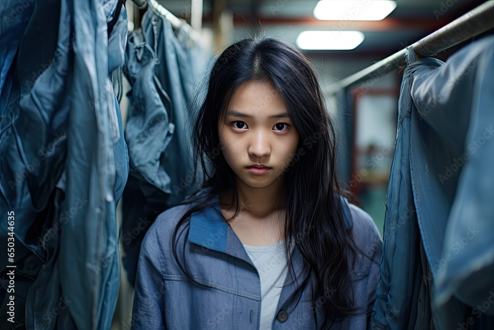 Asian girl portrait with blurred textile factory background, Illegal ...