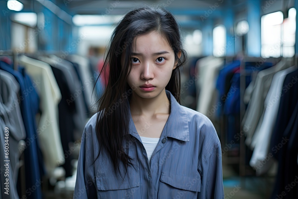 Asian girl portrait with blurred textile factory background, Illegal ...