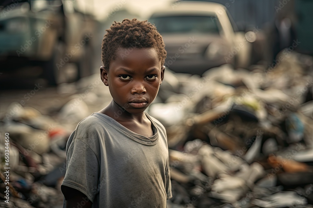 little African boy in a landfill, mountains of garbage and waste ...