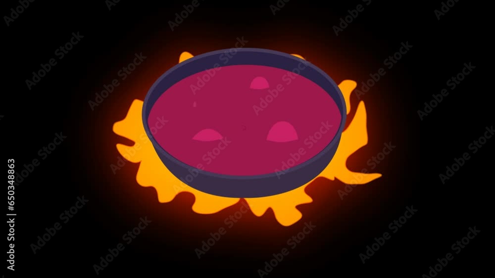 Cauldron with red liquid potion boiling on fire. Cooking magic poison ...