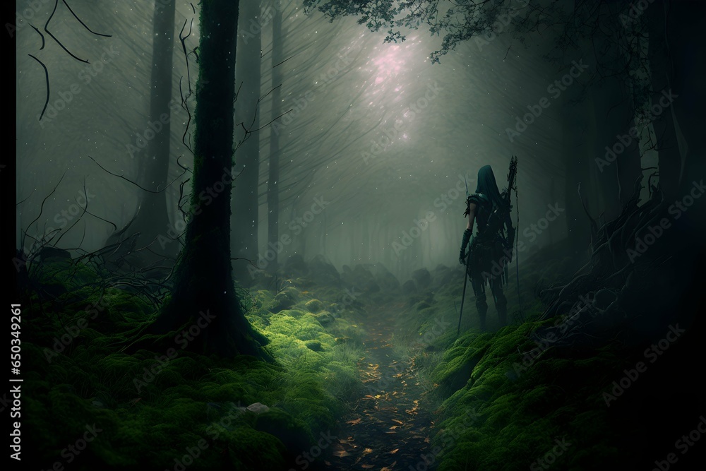 final fantasy elven female archer standing in the middle misty forest ...