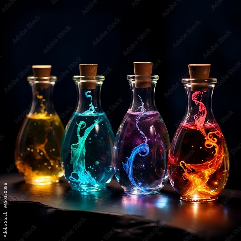 colorful liquid potion ink bottles, in the style of mystical creatures ...