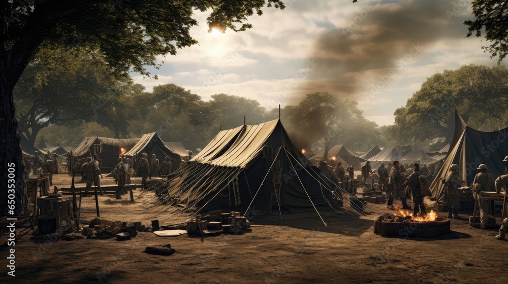 military tent city nestled in nature, where soldiers undergo rigorous ...