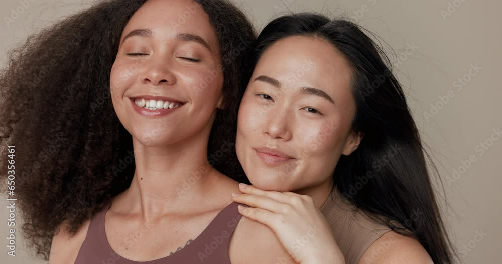 Face, hair care and woman with beauty, volume and wellness on a grey ...