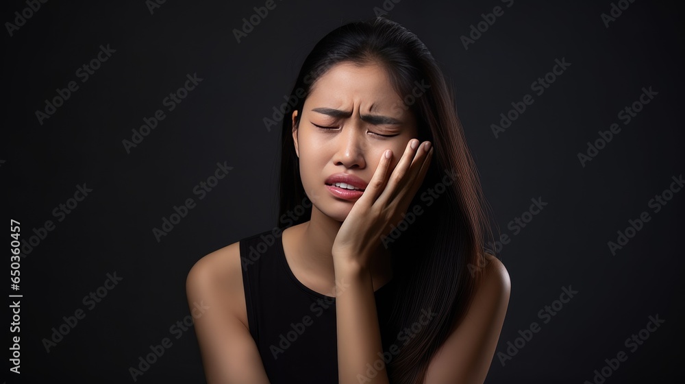 Toothache Troubles, Studio shot of a young Asian girl in pain ...