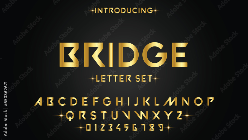BRIDGE, Elegant golden alphabet letters font set. Classic Custom gold ...