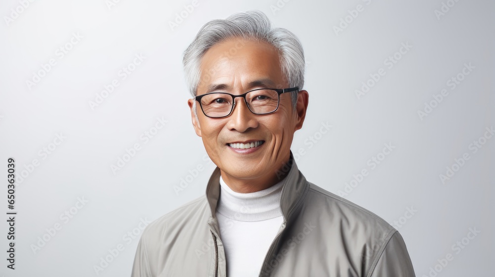 sophisticated charm of an Asian senior male model with short white and ...