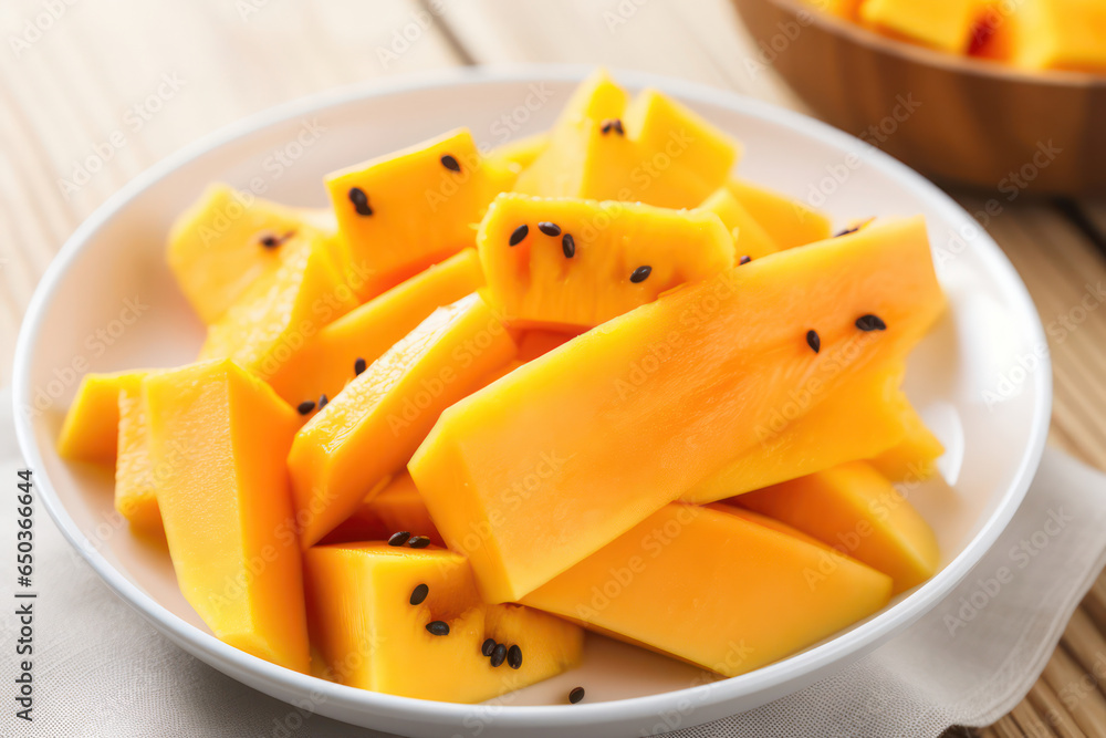 A close-up of a juicy slice of ripe papaya, with its vibrant orange ...