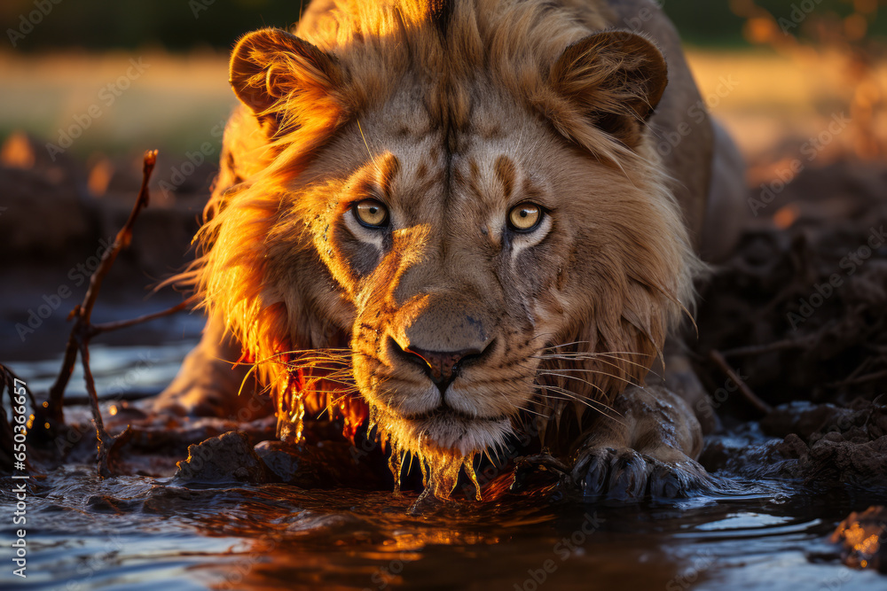 Majestic African lion quenching its thirst from an isolated watering ...