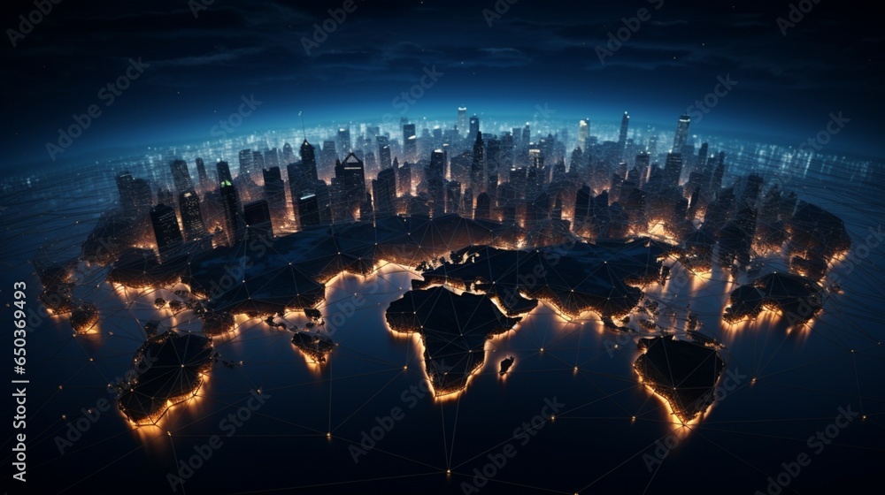 a hyper-realistic scene depicting a digital world map illuminated with ...