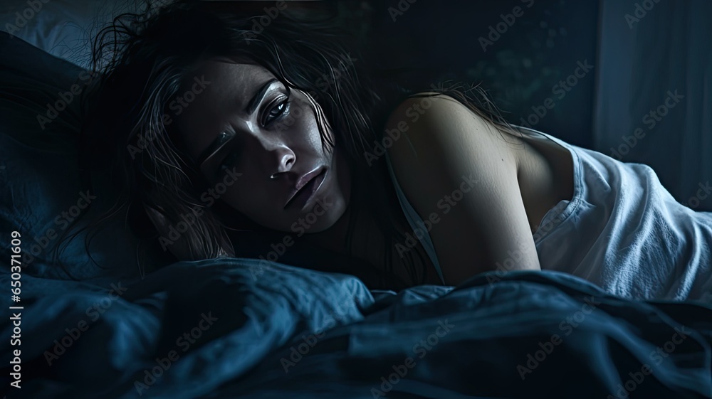 a depressed woman lying on her bed, capturing the raw emotions etched ...