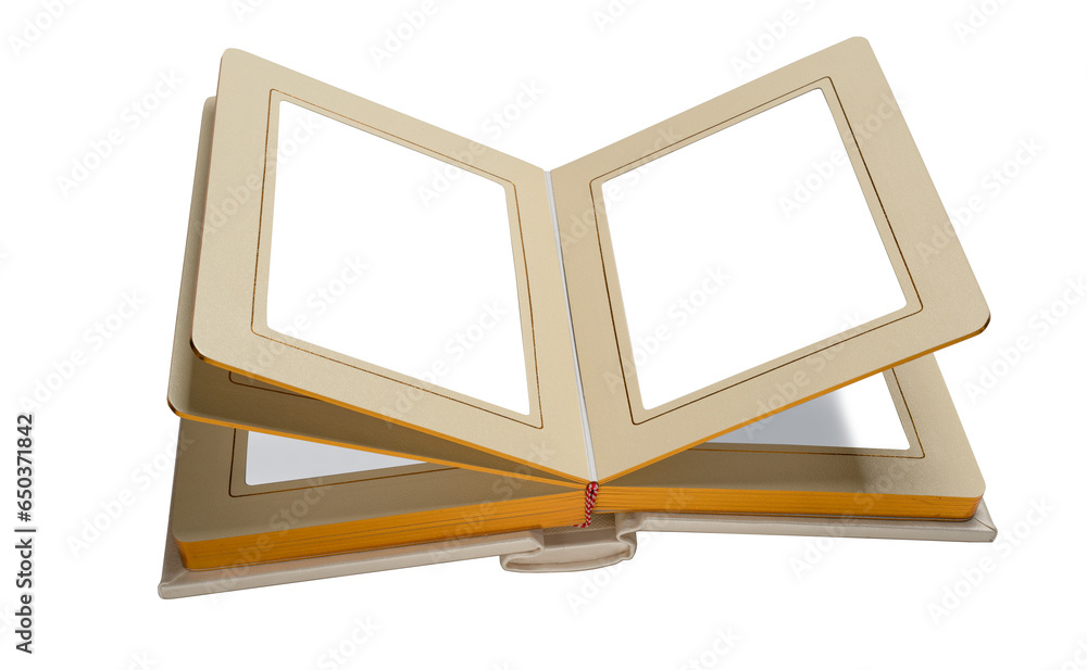 Open photo album with golden frames lines and golden cut on the ...