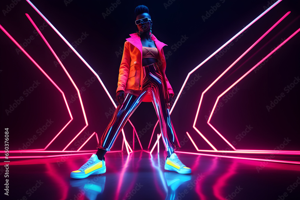 African woman in neon costume and neon shoes, in the style of ...