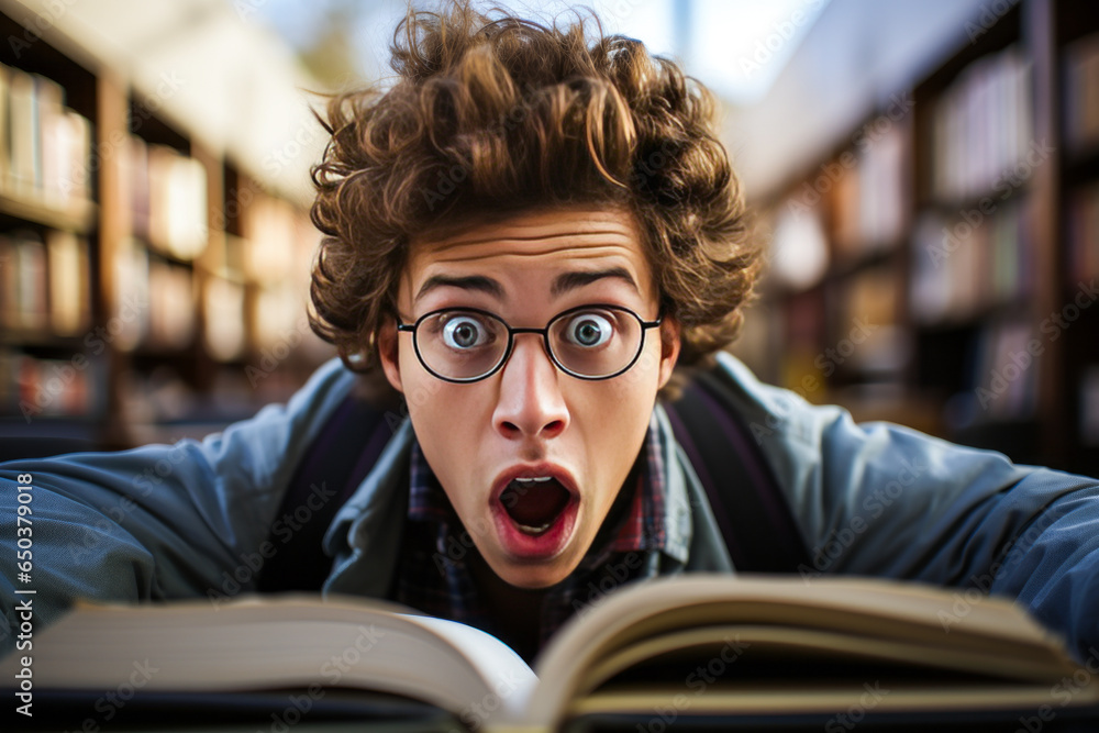 Engrossing shocked student, revealing deep surprise, wide open mouth ...