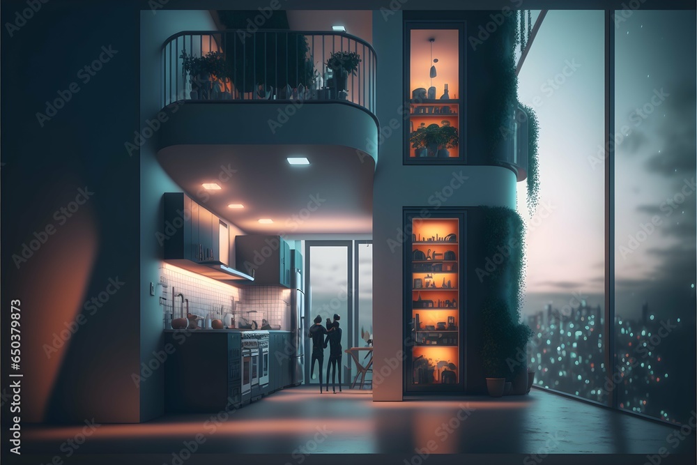 kitchen of a smart apartment with a with a couple of people ...