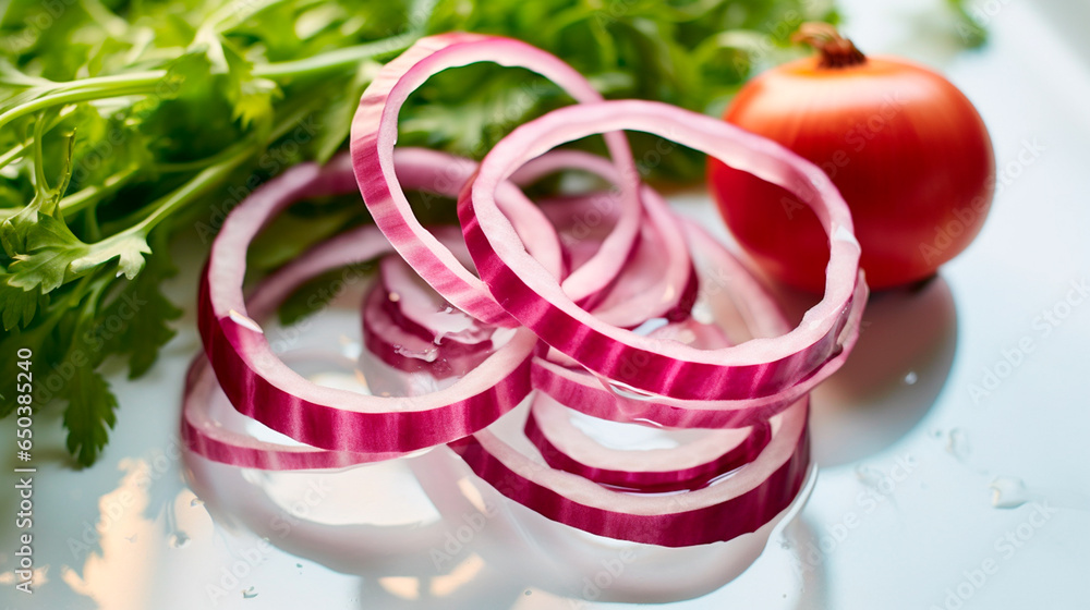 cebolla cortada en rojas en un fondo blanco con otras verduras Stock ...