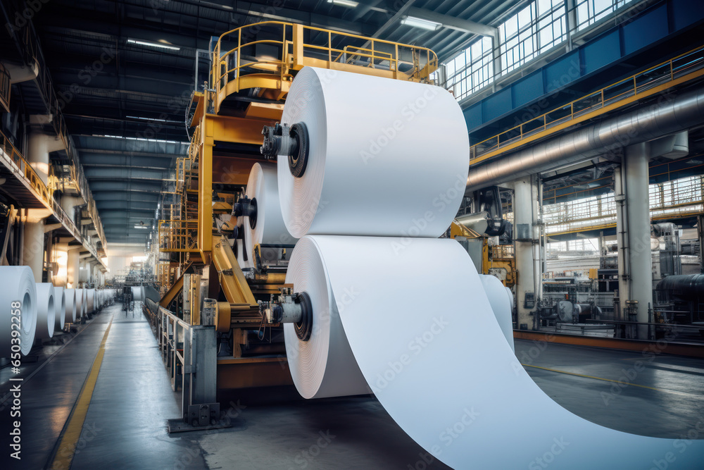 A paper mill with huge rolls of paper in various stages of production ...