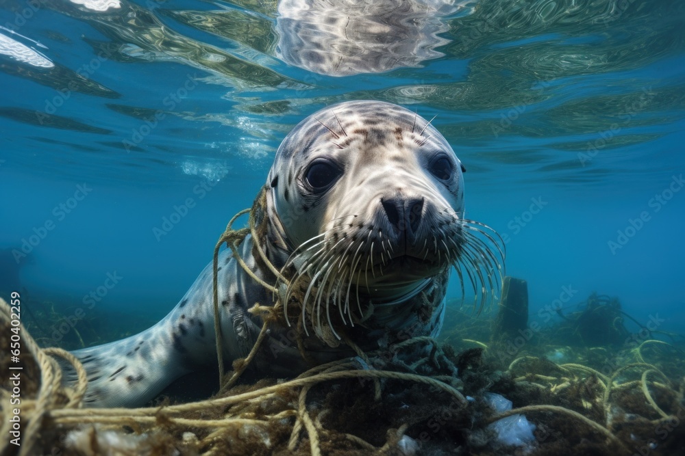 A sea seal swims underwater, there is garbage and remnants of fishing ...