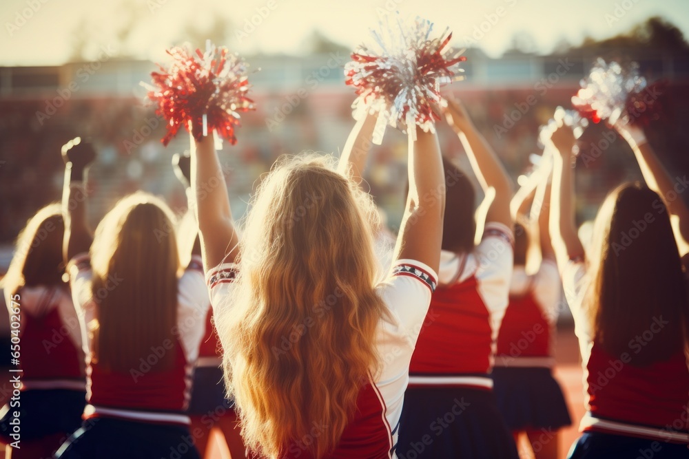 Enthusiastic Cheerleaders cheering game. Female school uniform ...