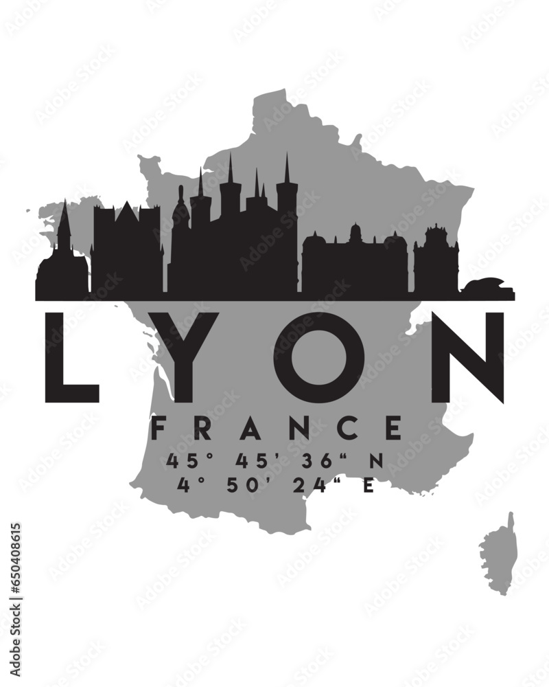 Vector illustration of the Lyon city skyline silhouette on the map with ...