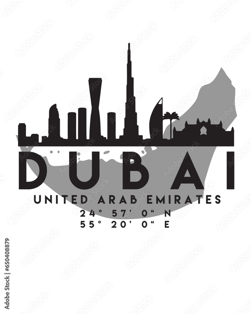 Vector illustration of the Dubai city skyline silhouette on a map with ...