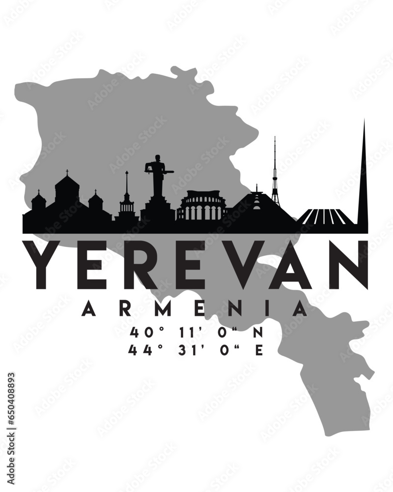 Vector illustration of the Yerevan city skyline silhouette on a map ...