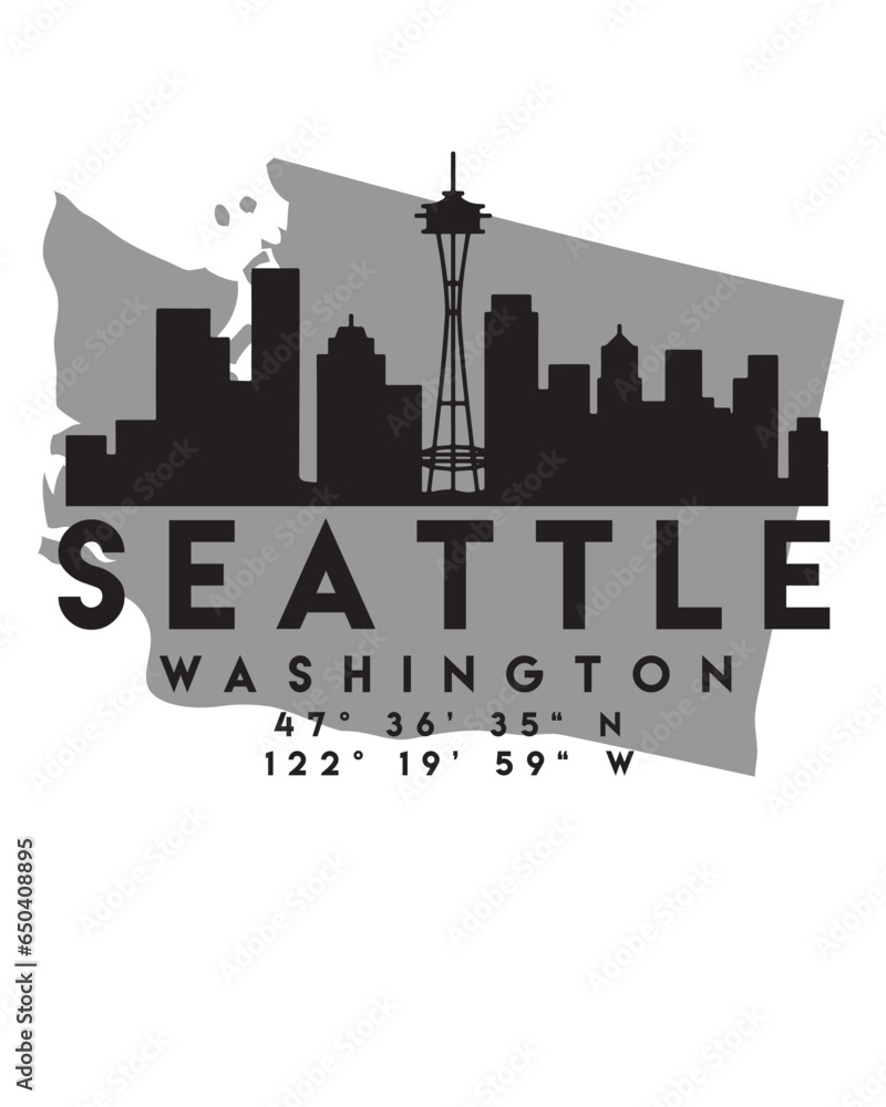 Vector illustration of the Seattle city skyline silhouette on a map ...