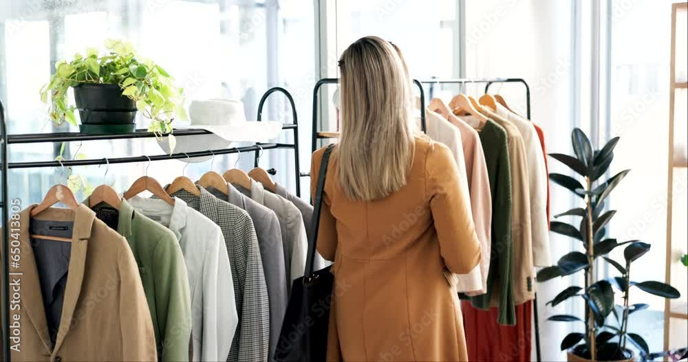 Woman, customer and fashion with clothing rack in shopping, sale or ...