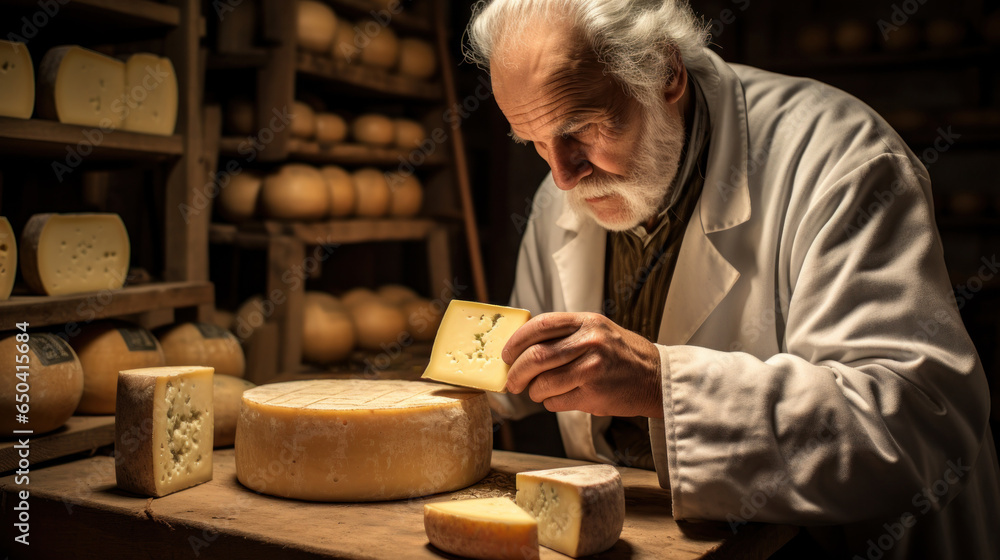 Cheese maker sampling from a cool cellar with aged cheese wheels on ...