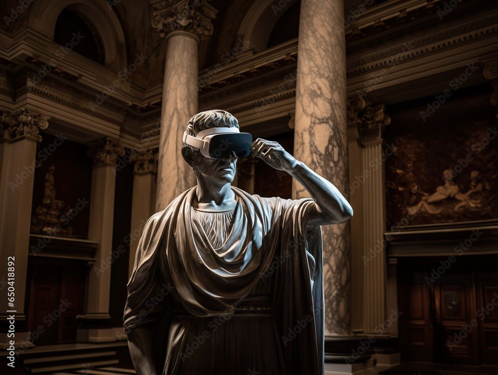ภาพประกอบสต็อก Generative AI illustration of gray statue with VR and ...