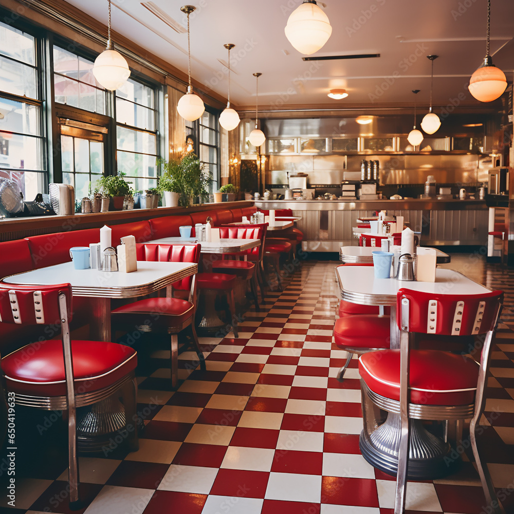Vintage 1950s American Diner Scene with Counters, Booths, and Jukeboxes ...
