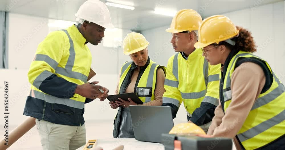 Engineering team, planning and laptop at construction site, blueprint ...