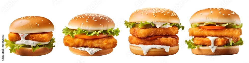 Set of single and double fish fillet burger on transparent background ...