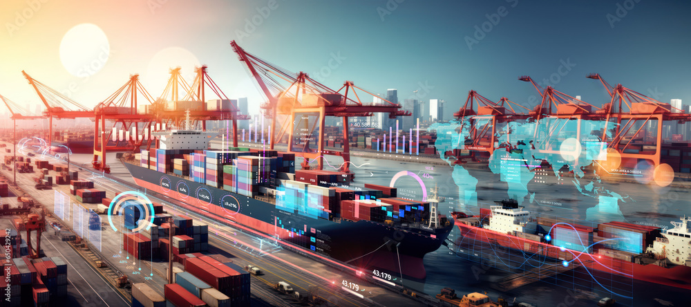 Aerial view of international trading supply chain seaport full of ...