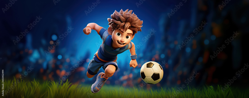 football or soccer player boy running fast and kicking a ball while ...