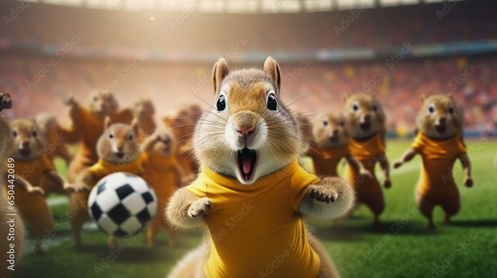 Group of squirrels playing soccer in soccer stadium. stadium full of ...