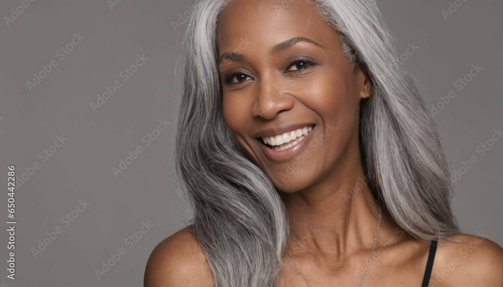 Happy smiling aging mature woman with long gray hair and smooth healthy ...