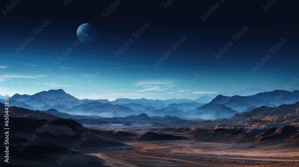 In the moonlight, a panoramic vista reveals rolling mountain ranges ...