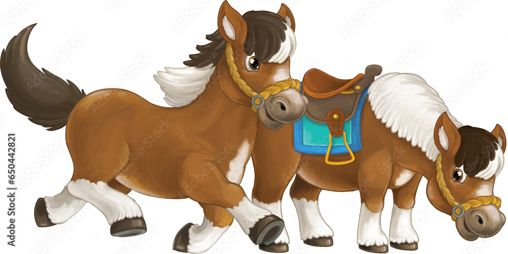 Cartoon happy pair of horses is running jumping smiling and looking ...